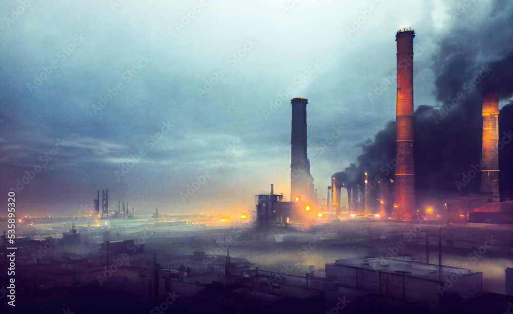 Landscape of pollution in city, polluted factory over smog in the air and nature. Industry issue ...