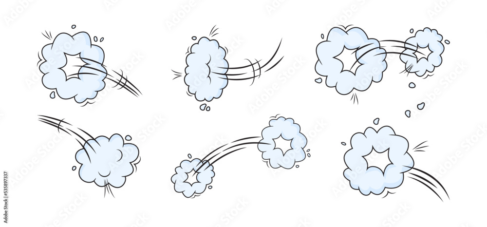 Cloud jump, cartoon poof, whoosh, smoke speed, wind fly puff with trail vector icon. Abstract ...