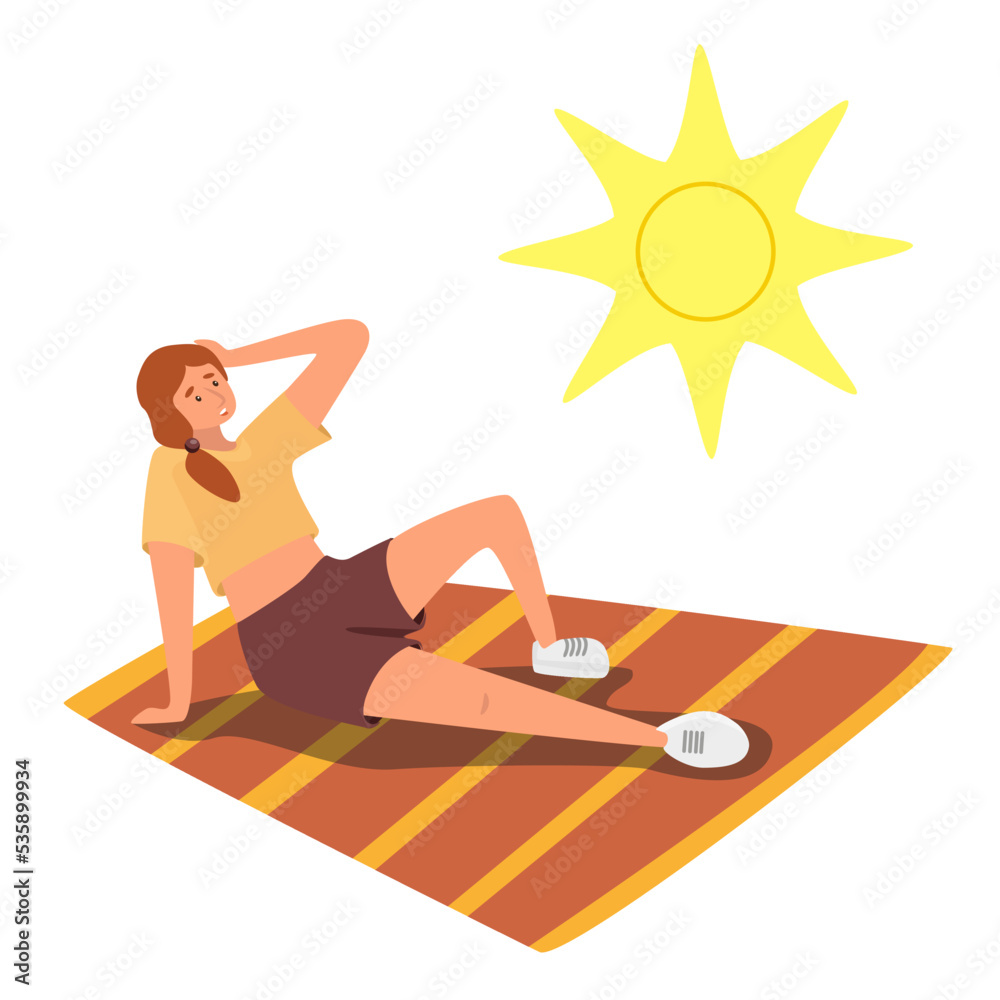 Vector illustration of sunstroke. Cartoon scene with a girl who got ...