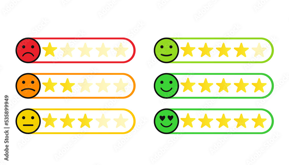 Feedback scale with star line icon. Customer mood from happy pretty ...