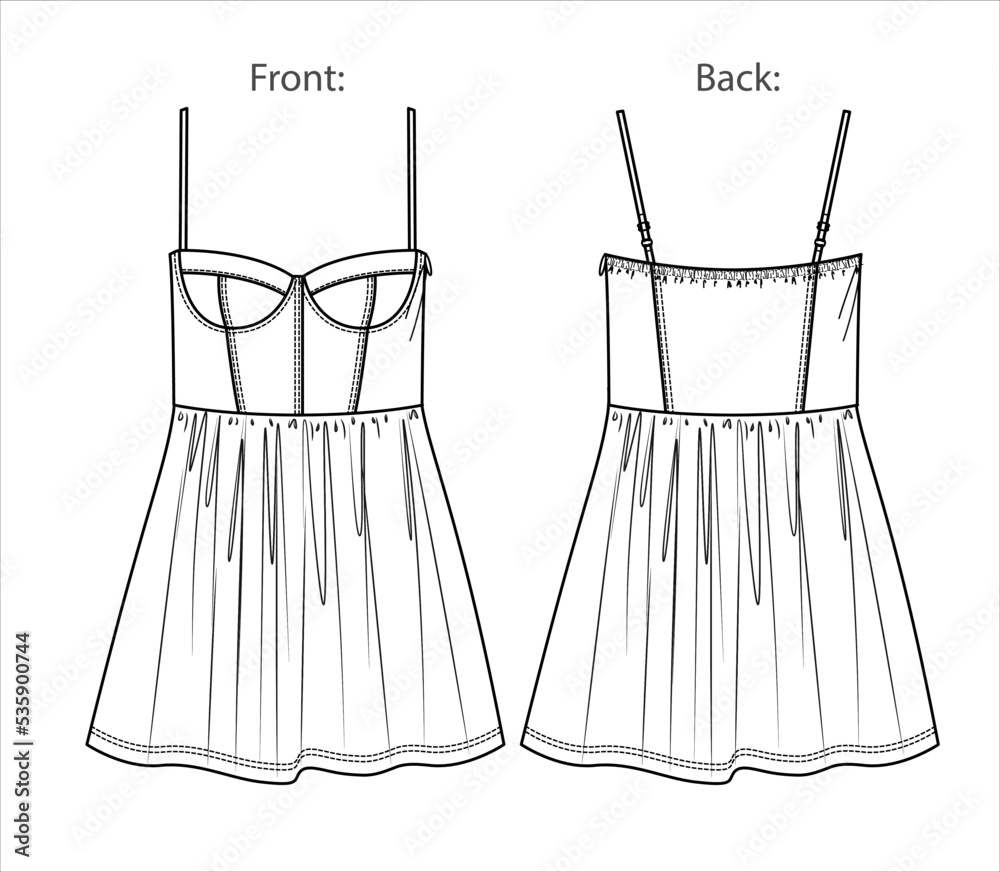 Vector Woman Summer Corset Dress Fashion Cad Mini Dress With Shoulder Straps Technical Drawing