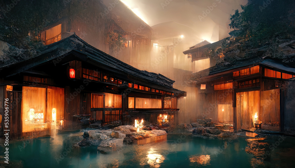 Fantasy Japanese landscape spa. Japanese hot springs, ancient ...