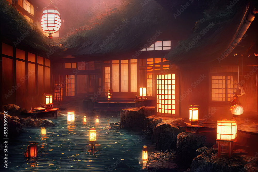 Fantasy Japanese landscape spa. Japanese hot springs, ancient ...