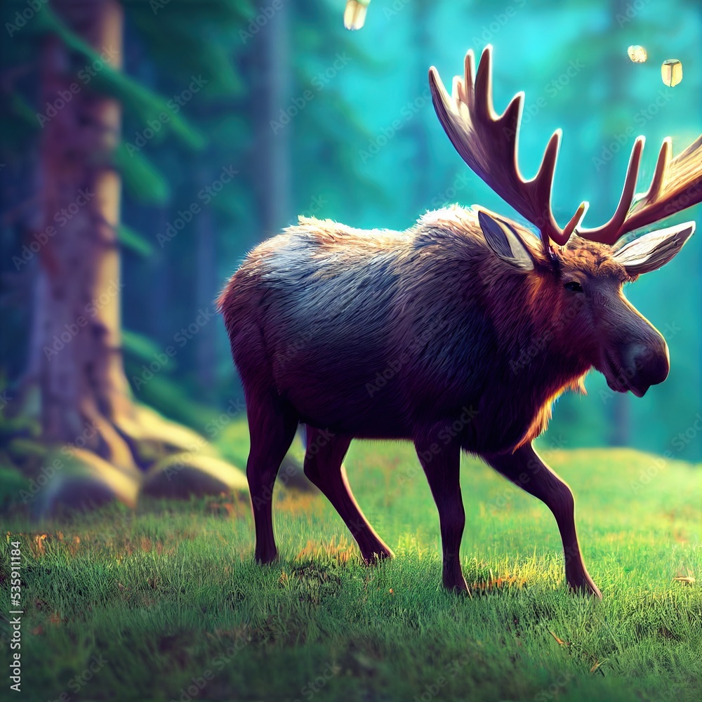 Wild forest animal in the forest, moose. Cartoon big eyed close up ...