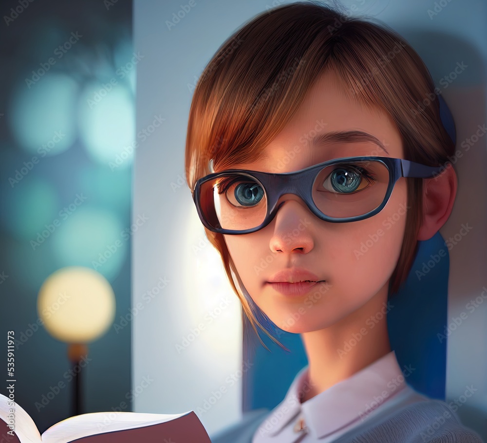Young woman love reading books, bookworm. Cartoon big eyed close up portrait. Animated movie ...