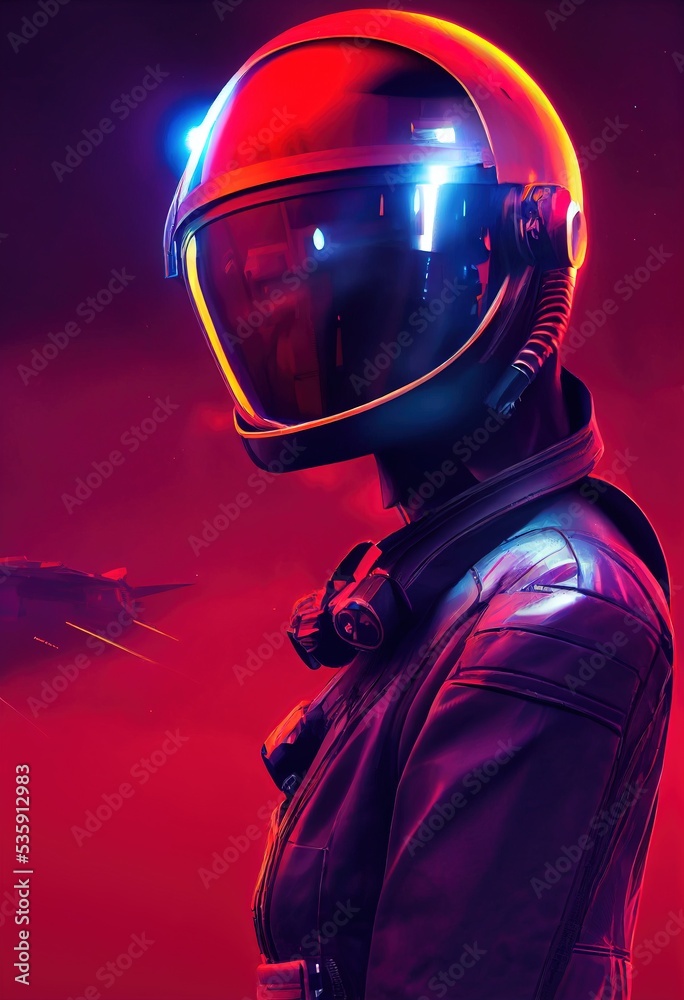 Portrait of a fictional futuristic pilot in an aviation helmet and ...