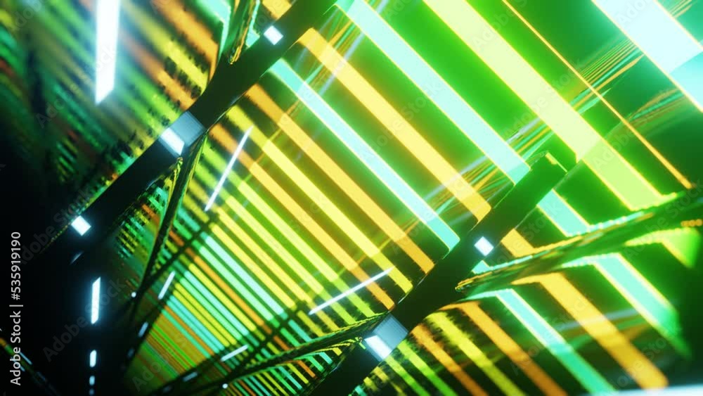 Fly through mirror designs form tunnel technology cyberspace with neon ...