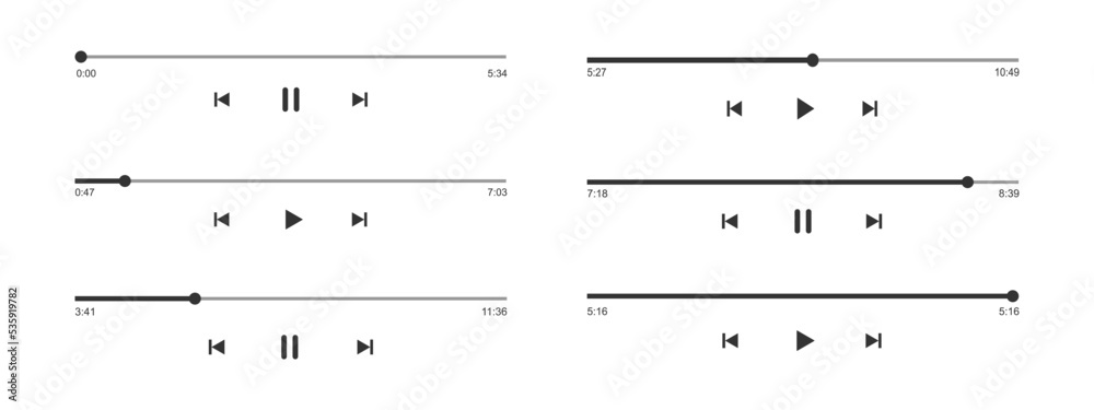 Set of audio or video player progress loading bars with time slider ...
