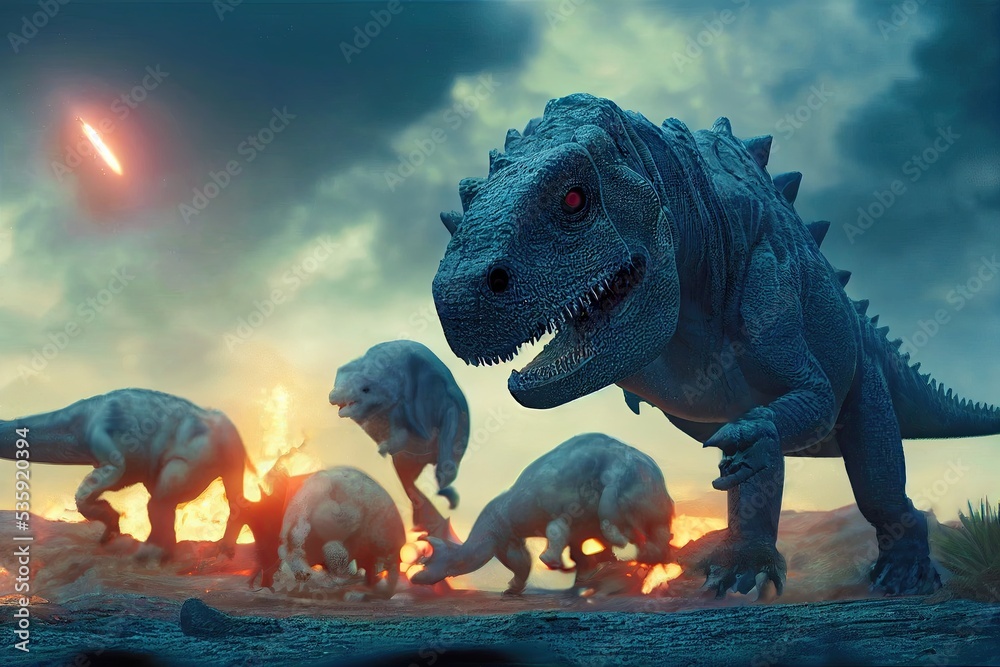 Extinction of dinosaurs event by a meteor impact. Dinosaurs go extinct ...