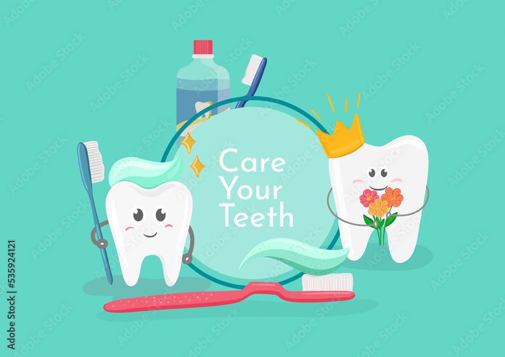 Care your teeth banner. Poster with cute smiling cartoon teeth ...