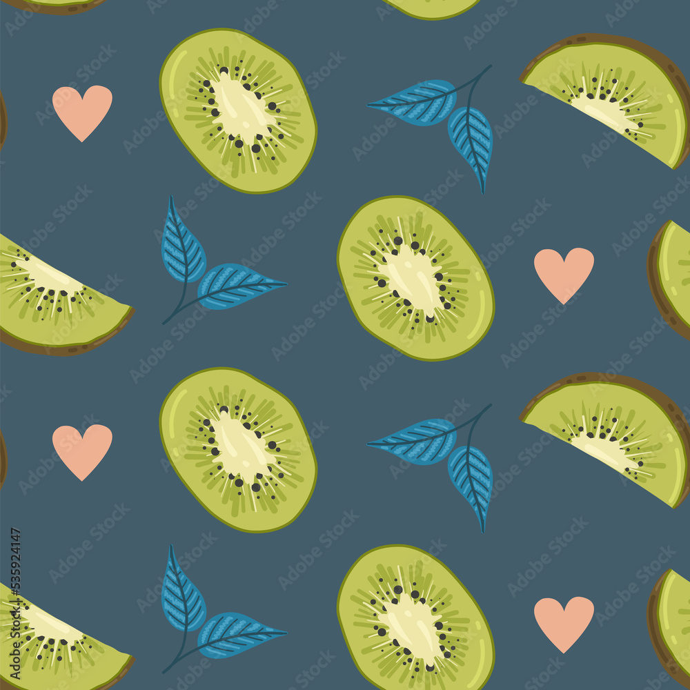 Kiwi fruit and plants seamless pattern. Kiwi in cartoon style repeated ...