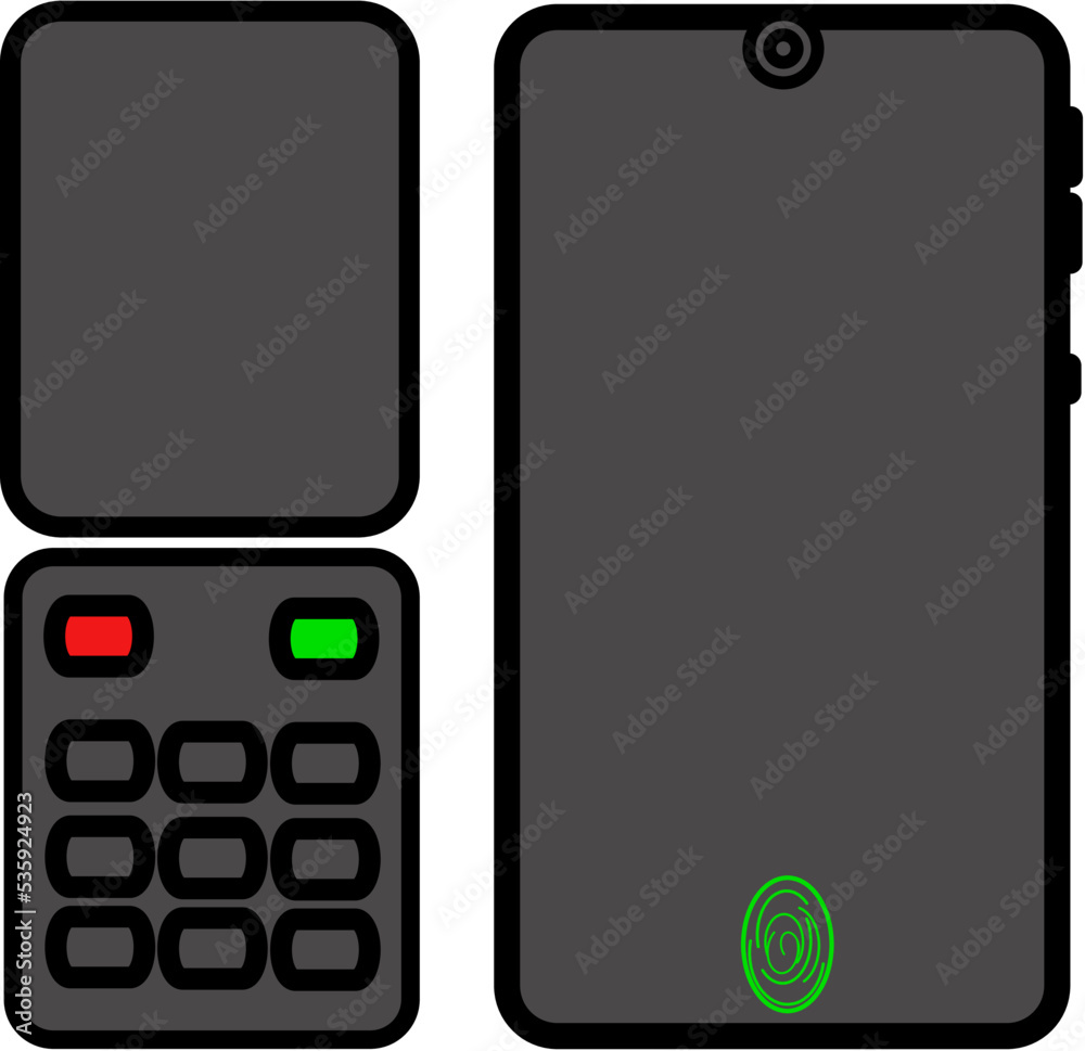 Smartphone with green thumbprint and mobile phone with screen and red ...