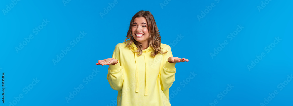 Oops sorry, no big deal. Carefree cute unbothered young blond girl ...