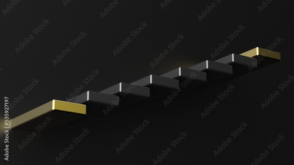 Black stairs leading to gold top and bottom step under black background ...