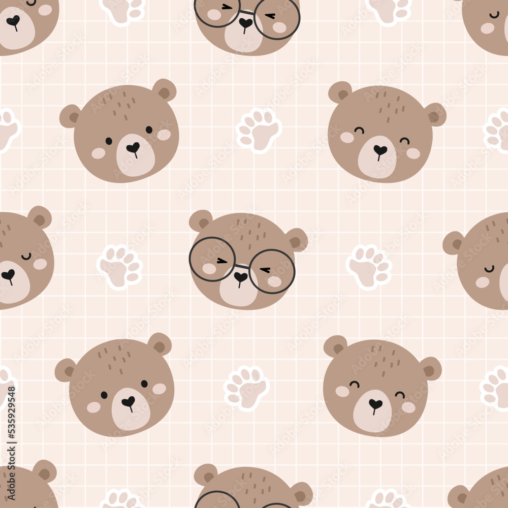Seamless Vector Pattern with Cute Bear and Paw. Childish Cartoon ...
