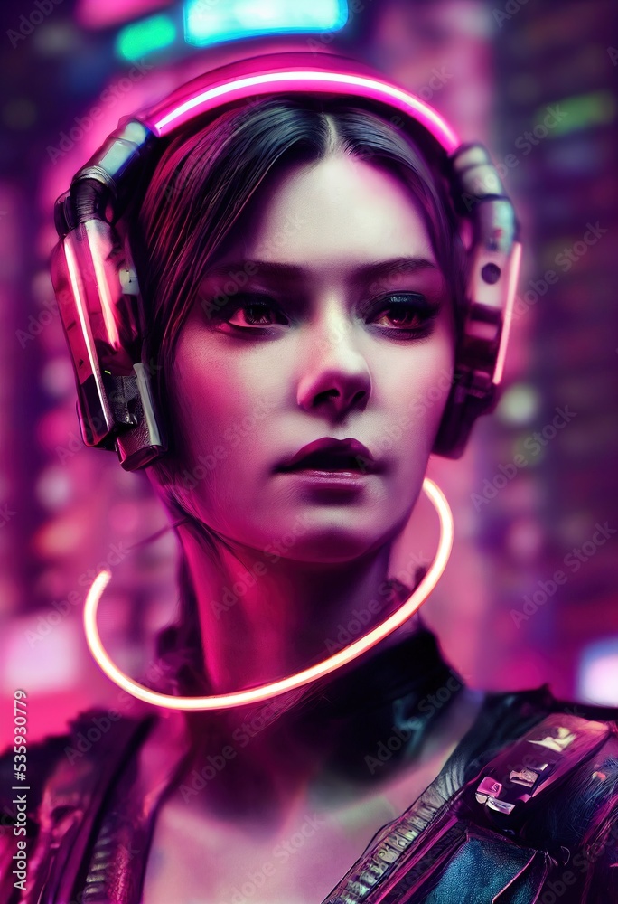 A Fictional Portrait Of A Sci Fi Cyberpunk Girl Against A Backdrop Of Neon Lights High Tech