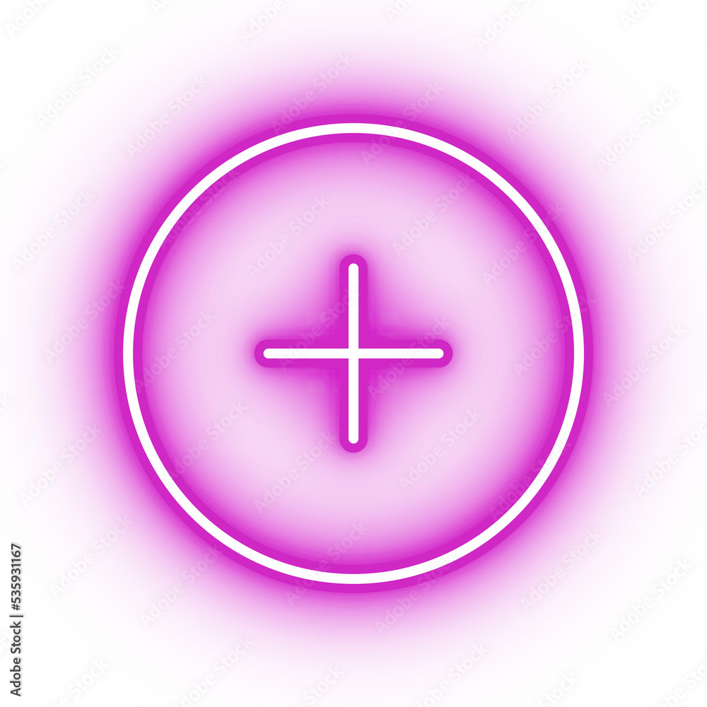 Neon pink plus icon, glowing add button icon on transparent background ...