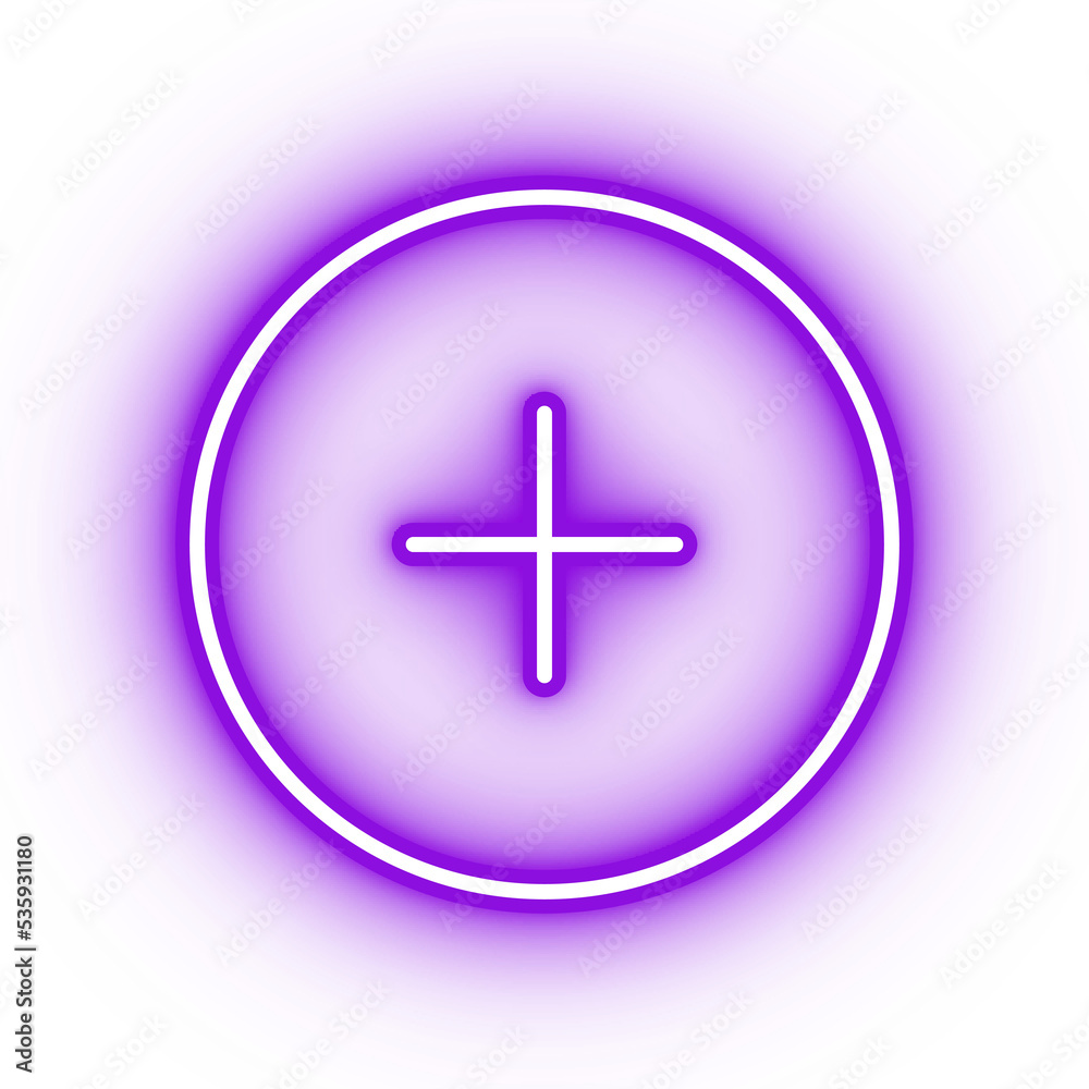 Neon purple plus icon, glowing add button icon on transparent ...