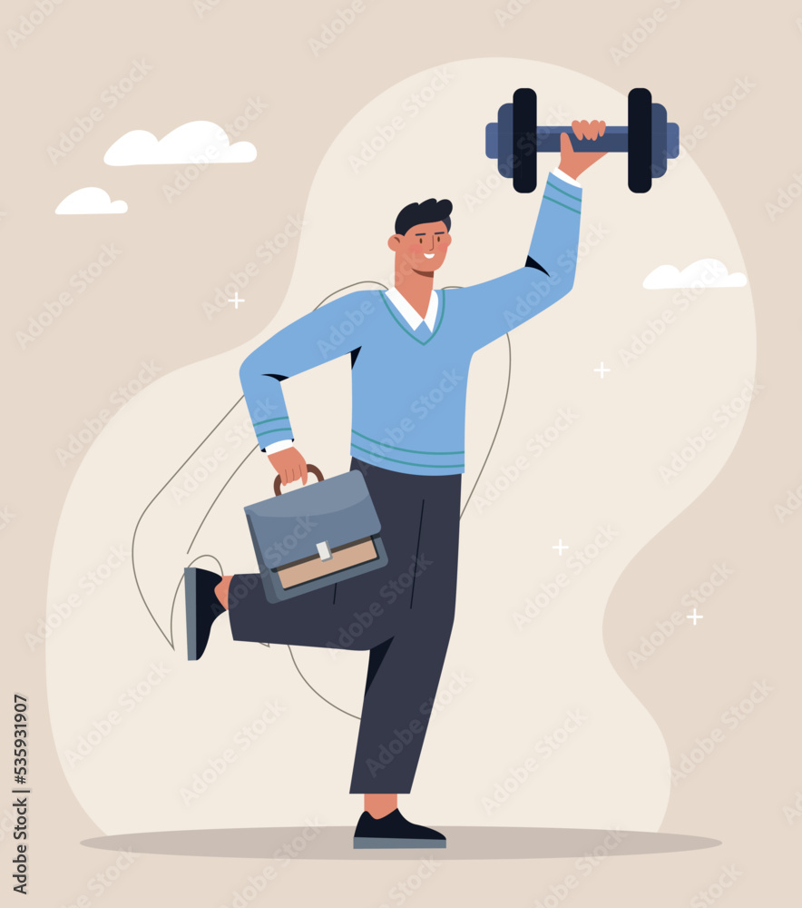 Business strengths concept. Businessman or entrepreneur with dumbbell ...