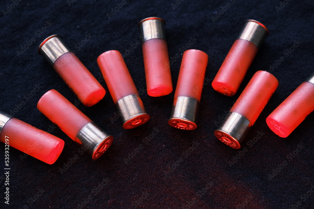 Shotgun shells on a black surface. Ammunition for 12 gauge smoothbore ...