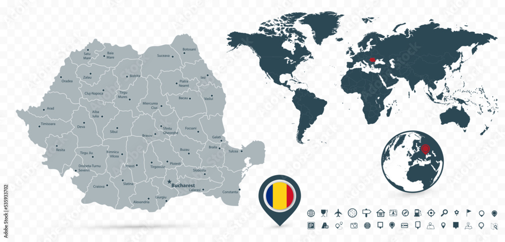 Romania Map and World Map isolated on transparent background Stock ...