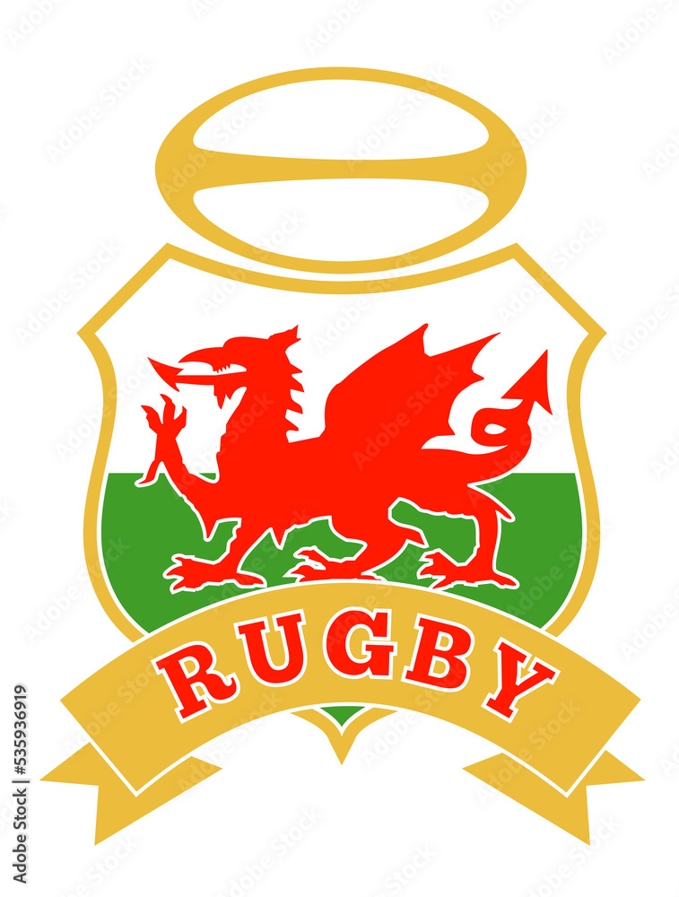 illustration of a red welsh wales dragon with rugby ball in shield on ...