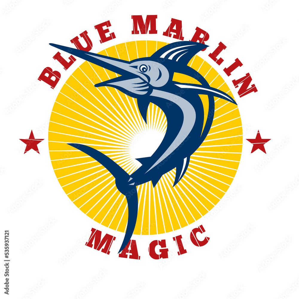 illustration of a blue marlin jumping with sunburst and words "blue ...