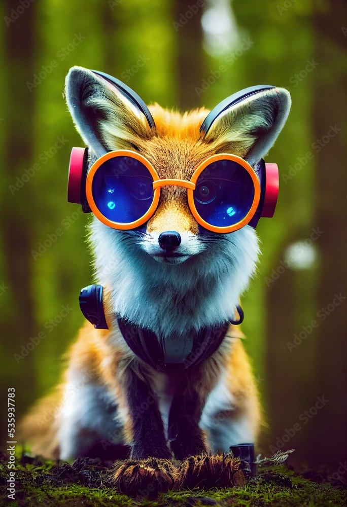 Portrait of a fox wearing a cyberpunk headset, neon virtual glasses ...