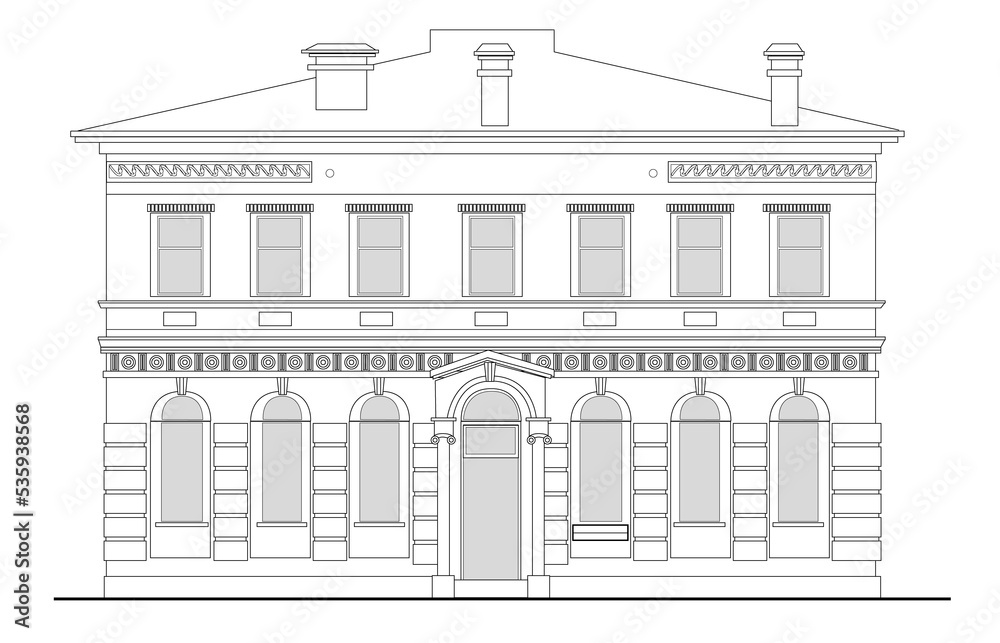 line drawing illustration of a heritage mansion building viewed from ...