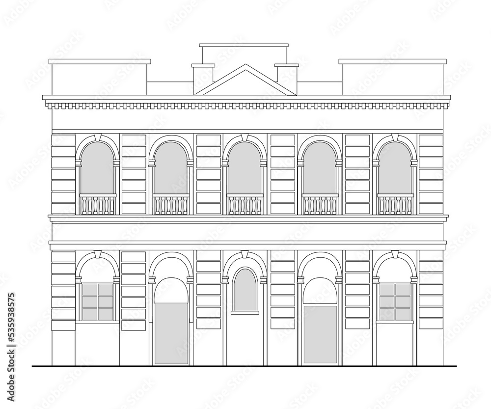 line drawing illustration of a heritage mansion building viewed from ...