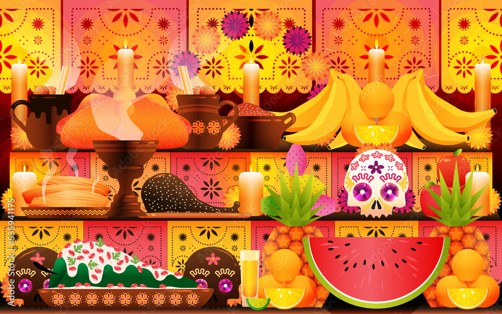 Ilustración de ofrenda para día de muertos con comida y fruta típica ...