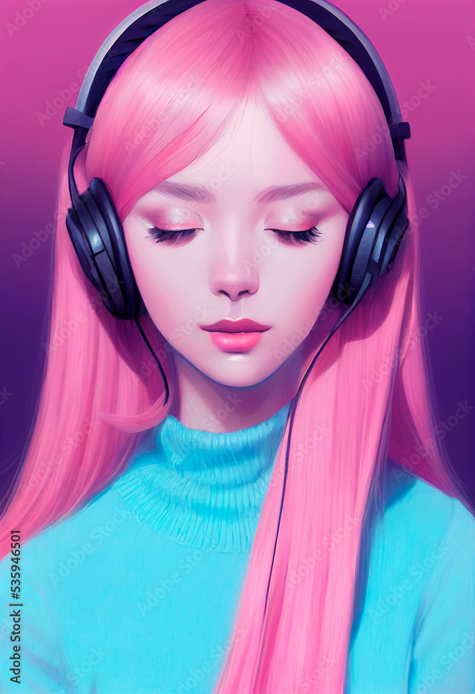 Cute girl with ear headphones. Beautiful streamer illustration. Gamer ...