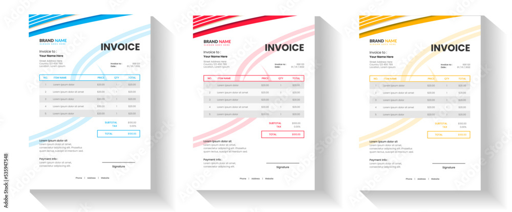 invoice Template in 4 different color for your smart business Stock ...