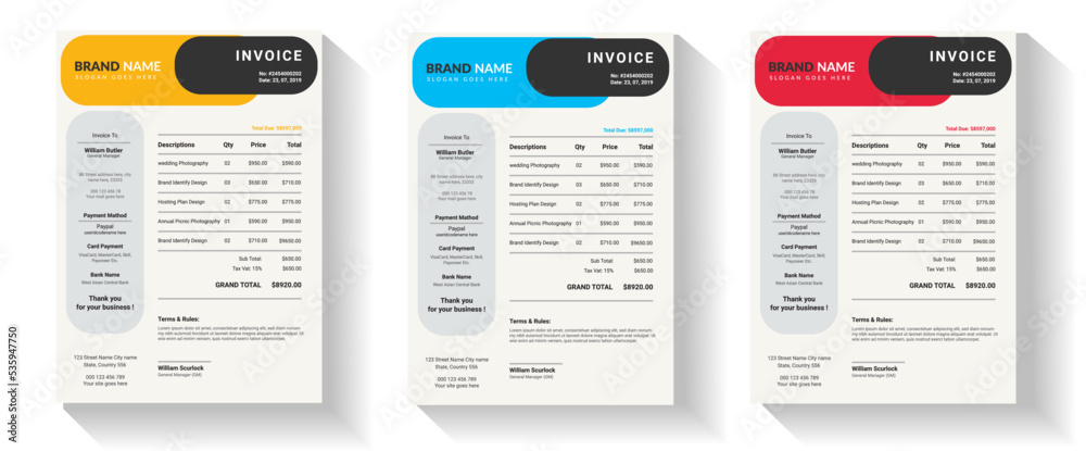 invoice Template in 4 different color for your business Stock Vector ...