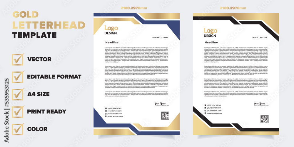 gold letterhead template for business company stationery design with A4 ...