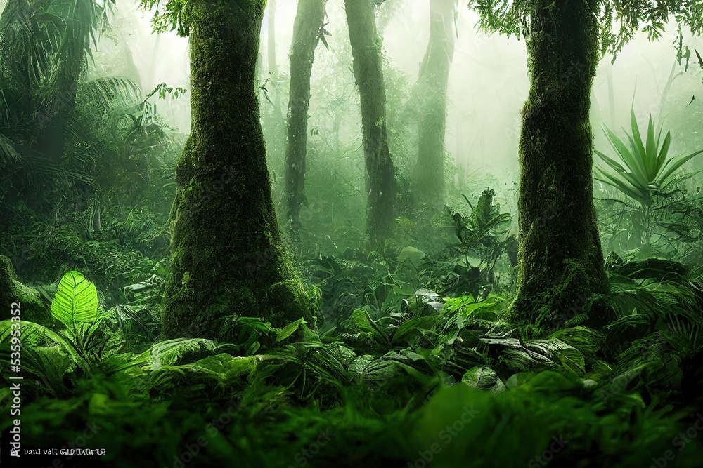 3D rendered computer-generated image of a foggy swampy jungle scene ...
