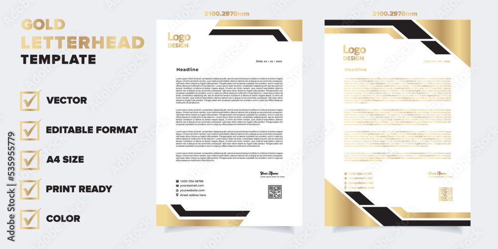 gold letterhead template for business company stationery design with A4 ...