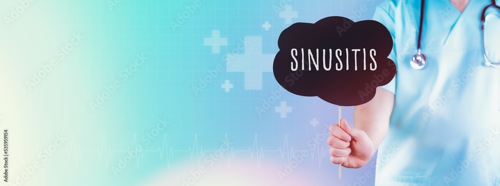 Sinusitis. Doctor holding sign. Text is in speech bubble. Blue ...