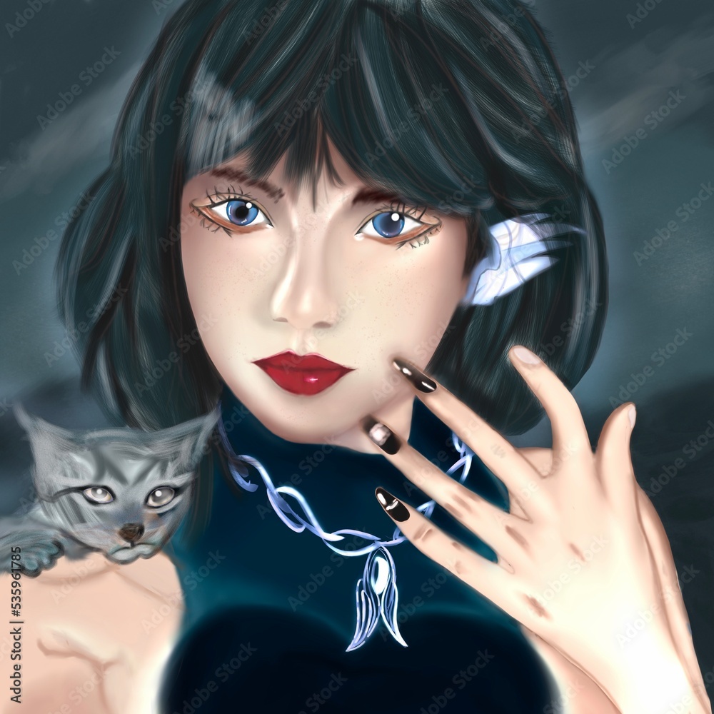 Realistic art of the princess and her favorite cat Stock Illustration ...