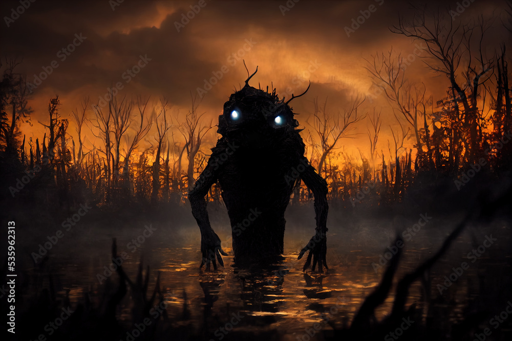 A dark nocturnal entity living in a forest lake. Realistic digital ...