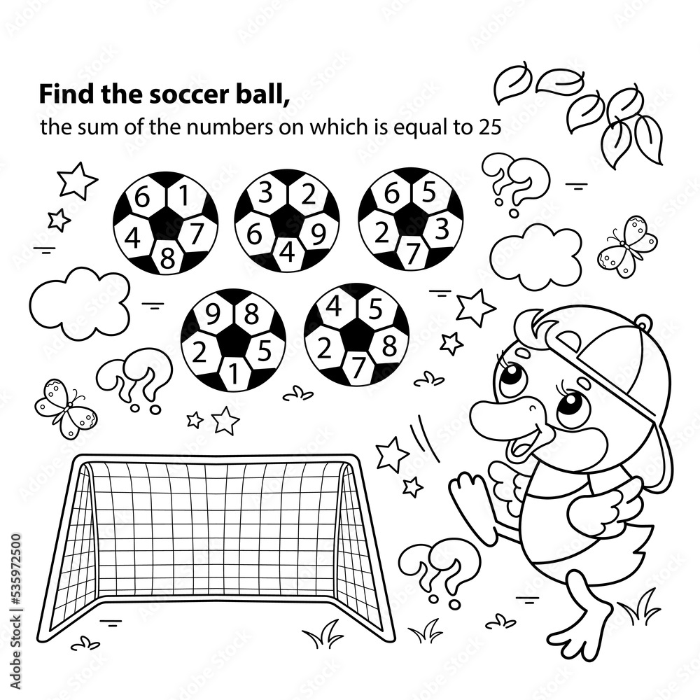 Math addition game. Puzzle for kids. Coloring Page Outline Of cartoon ...