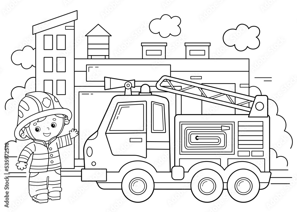 Coloring Page Outline Of Cartoon Fire Truck With Fireman Or Firefighter