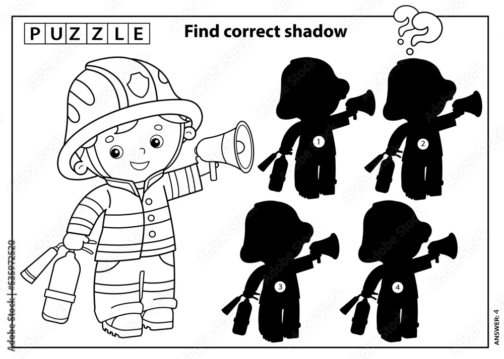 Puzzle Game for kids. Find correct shadow. Coloring Page Outline Of ...