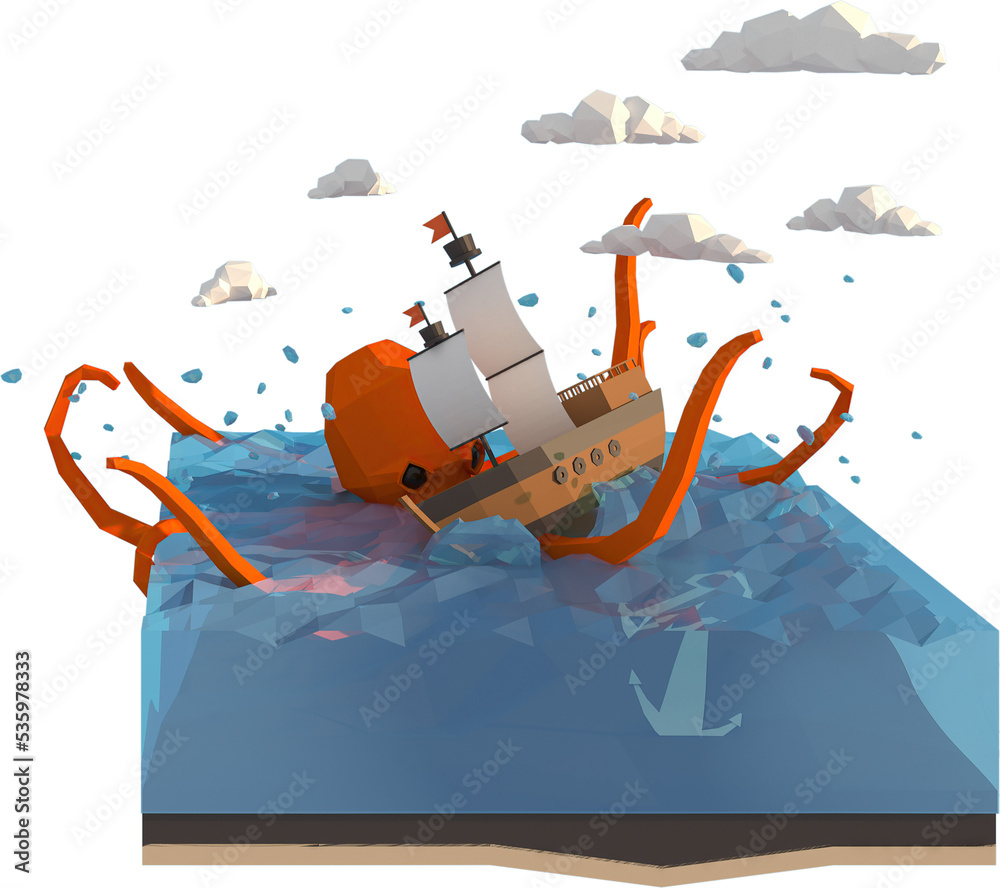 3D illustrator of giant squid attack ship. 3D rendering of a low ...