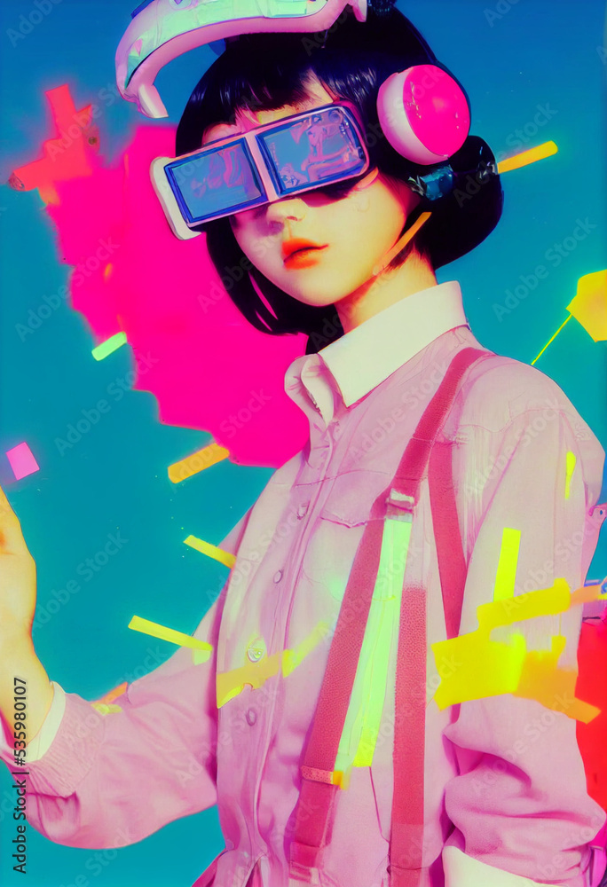 Anime girl in vaporwave style illustration. 3D girl cyberpunk style ...