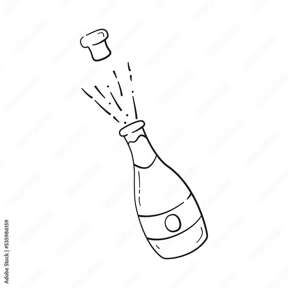 Champagne opening with splash in doodle style. Champagne bottle in ...