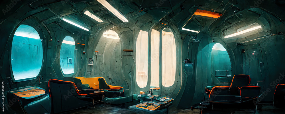 Digital illustration of retro interior of a spaceship. Inside an ... Digital illustration of retro interior of a spaceship. Inside an ...
