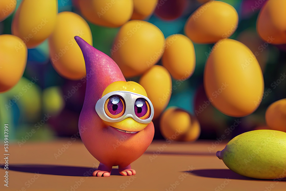 Cartoon of a mango character wearing glasses, surrounded by other ...
