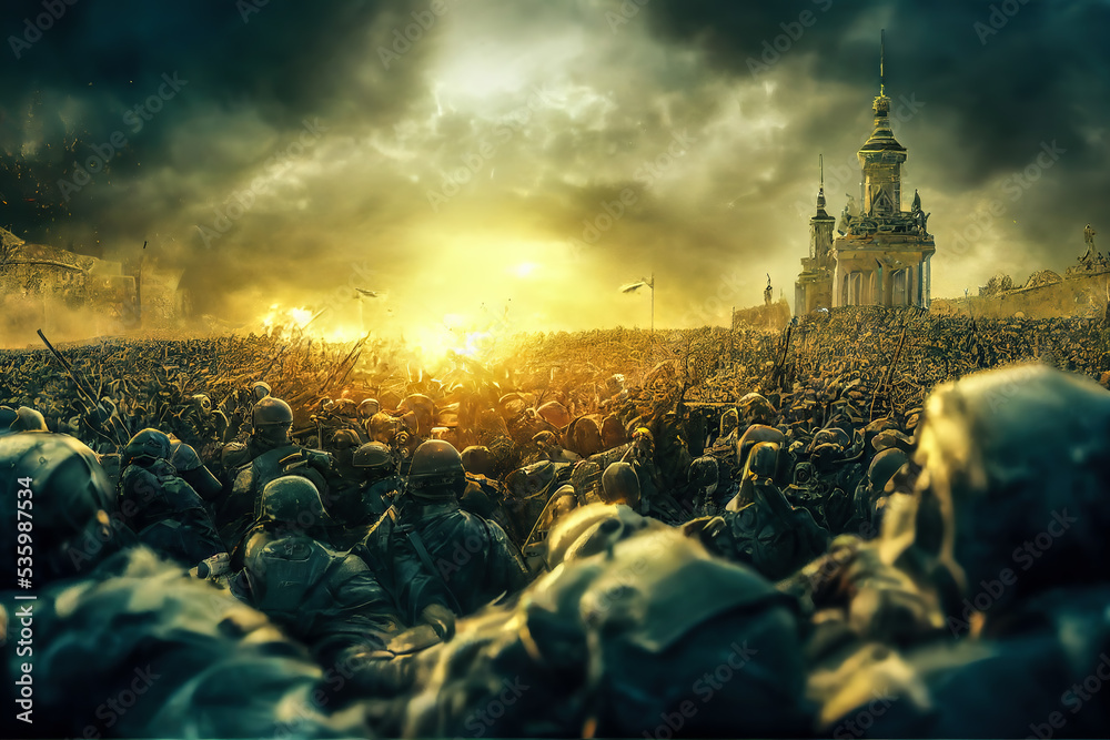 Cinematic digital illustration featuring an army of Ukrainian Soldiers ...