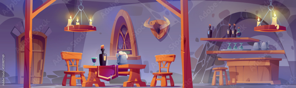 Medieval tavern cartoon vector illustration. Old pub with stone walls ...